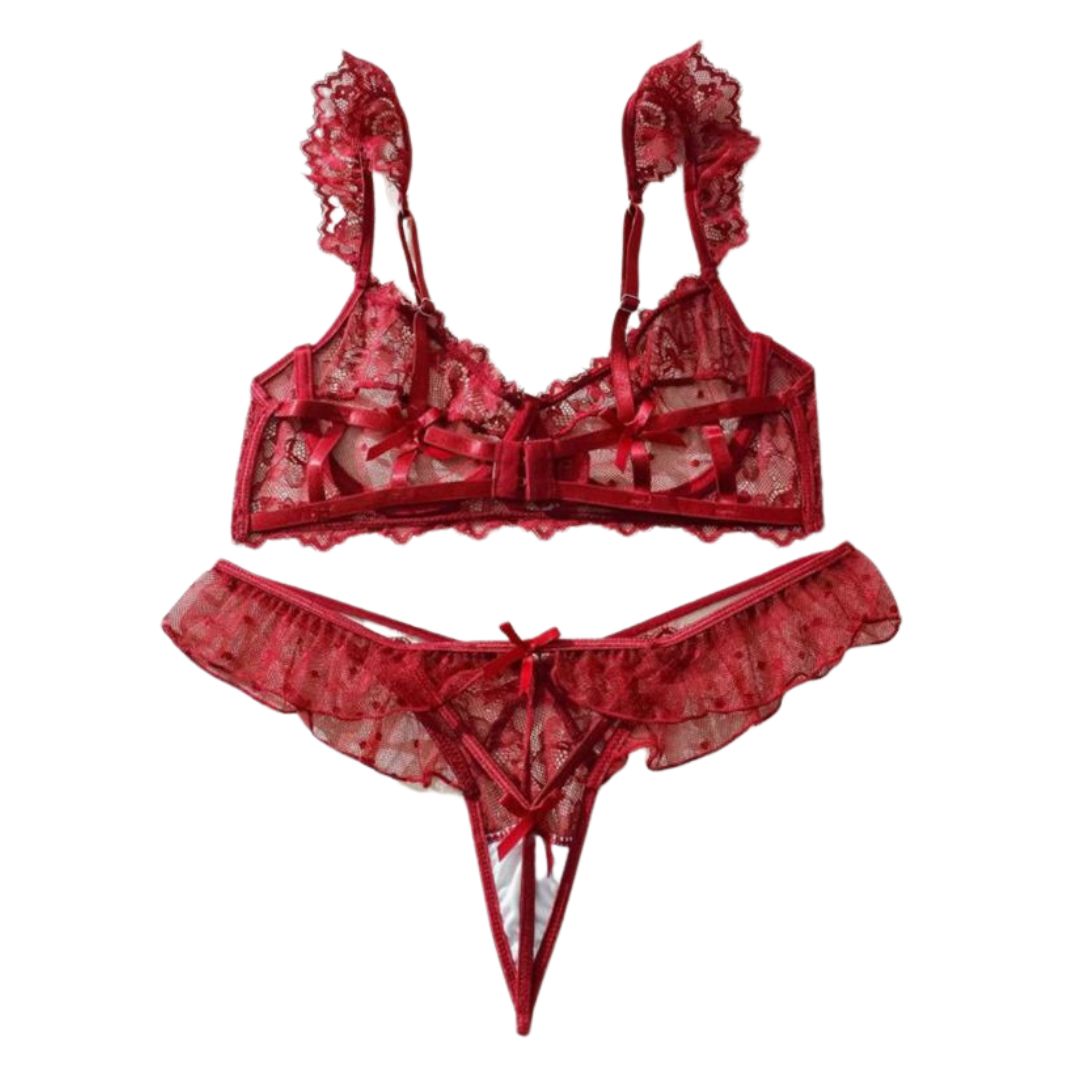 Conjunto de lencería roja con encaje Y abertura – Corsé Mx